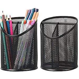 Delifox 2 Pack Pen Holder Pen Organizer for Desk Mesh Round Pencil Holder Desktop Organizer 3 Compartments Pencil Organizer Desk Organizer for Office Home School, Black