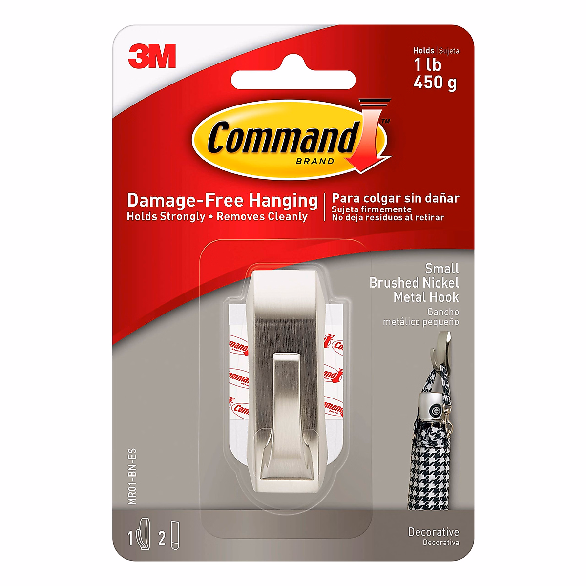 Command Small Modern Reflections Metal Hook, Brushed Nickel, 1-Hook, 2-Strips, Decorate Damage-Free