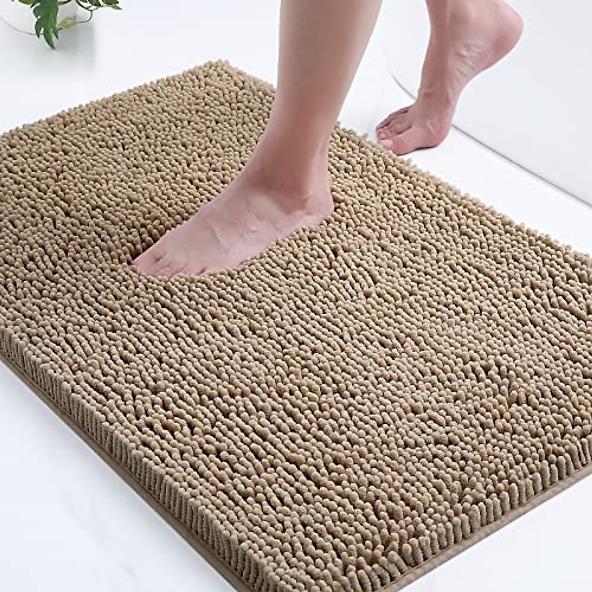 Smiry Luxury Chenille Bath Rug, Extra Soft and Absorbent Shaggy Bathroom Mat Rugs, Machine Washable, Non-Slip Plush Carpet Runner for Tub, Shower, and Bath Room(24''x16'', Beige)