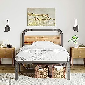 Aardhen Twin-XL Size Bed Frame 14 Inch Rustic Wood Headboard, Heavy Duty Steel Slats Support, Easy Assembly, No Box Spring Needed, Quiet and Sturdy