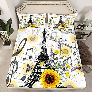 Eiffel Tower Kids Deep Pocket Fitted Sheet Cute Sunflower Bed Sheet Set for Boys Children Teens Bedroom Decor Paris Tower Bedding Set Floral Music Themed Bed Cover Queen Size with 2 Pillow Case