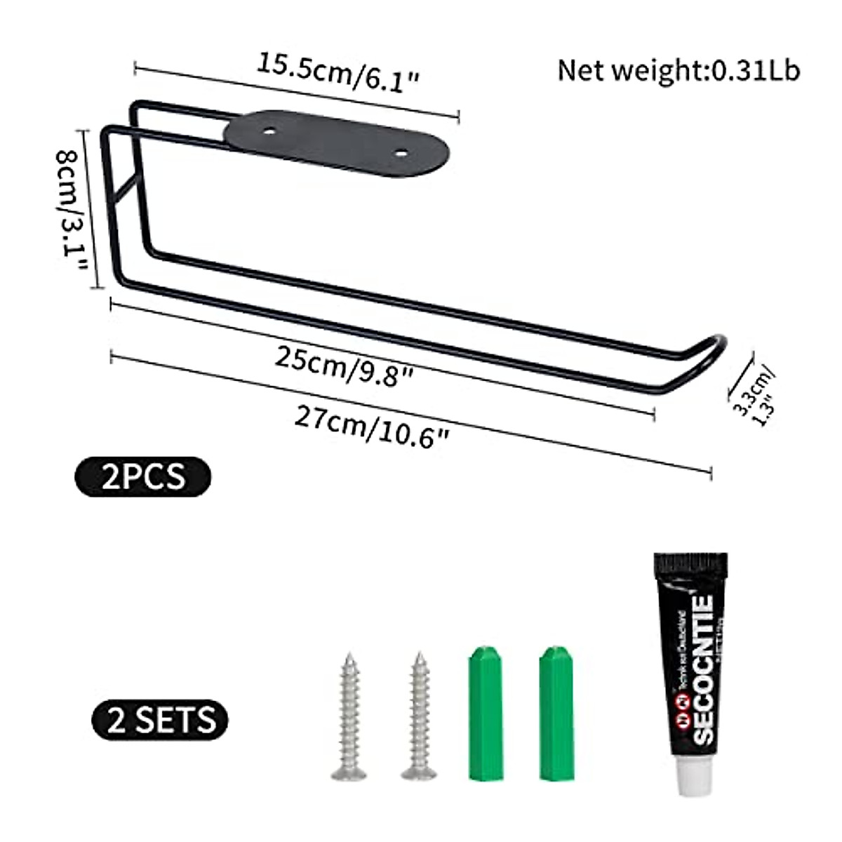 Paper Towel Holder Under Cabinet, H-SPACE Wall Mount Paper Towel for Kitchen, Self-Adhesive and Drilling Paper Towel Bar, Paper Towel Rack, SUS201 Stainless Steel 11 inch (Black, 2PC)