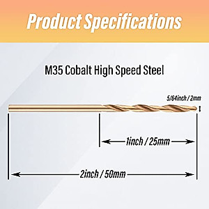 Qjaiune 5/64 Inch Cobalt Drill Bit Set, 20pcs M35 HSS Twist Drill Bit Set Titanium Coated Drill Bits, 135 Degree Split Point Jobber Drill Bits for Metal Hardened Steel Aluminum Cast Iron Wood Plastic