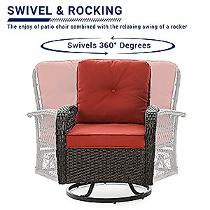UDPATIO 3 Pieces Patio Furniture Set, Outdoor Swivel Gliders Rocker, Wicker Patio Bistro Set with Rattan Rocking Chair, Glass Top Side Table and Thickened Cushions for Porch Deck Backyard (Red)