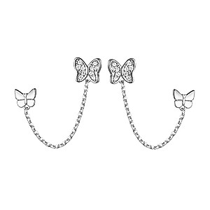 Reffeer 925 Sterling Silver Double Holes CZ Butterfly Chain Stud Earrings Two Butterfly Cuff Climber Earrings for Women Teen (Silver)