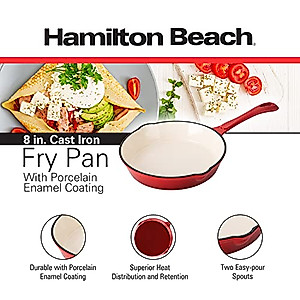 Hamilton Beach Enameled Cast Iron Fry Pan 8-Inch Red, Cream Enamel coating, Skillet Pan For Stove top and Oven, Even Heat Distribution, Safe Up to 400 Degrees, Smooth and Durable