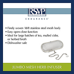 RSVP International Endurance Kitchen Collection Stainless Steel Mesh Floating Spice Infuser for Soups, Stews or Large Tea Pot, Jumbo Oval, 4.25x1.75