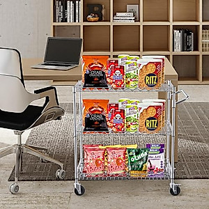 VEVOR Kitchen Utility Cart, 3 Tiers, Wire Rolling Cart with 661 LBS Capacity, Steel Service Cart on Wheels, Metal Storage Trolley with 80 mm Deep Basket Curved Handle 6 Hooks, NSF Listed