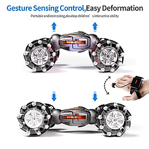 Deejoy 1:12 RC Stunt Car, 2.4GHz 4WD Remote Control Gesture Sensor Toy Cars, Double Sided Rotating Off Road Vehicle 360° Flips with Lights Music, for Boys & Girls Birthday（Black Silver）