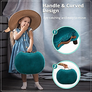 LUE BONA Small Curved Foot Stool with Handle, Velvet Footstool and Ottomans, Modern Foot Rest with Wooden Legs, Step Stool with Padded Seat for Couch, Living Room, Teal