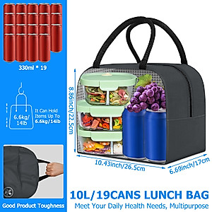 10L 19Cans Insulated Lunch Bag for Women Men, Reusable Lunch Box for Office Work Picnic Beach Travel, Leakproof Soft Cooler Tote Bag Freezable Lunch Bag for Adult, Grey