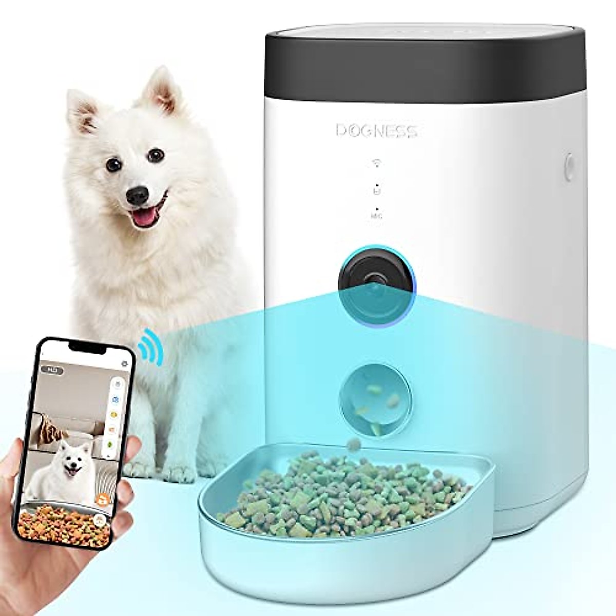 DOGNESS Automatic WiFi Dog/Cat Smart Camera Feeder - 6.5Lbs Large Capacity App Control Food Dispenser with WiFi, Portion Control, Voice Recording, Camera, Timer Programmable (4L White)