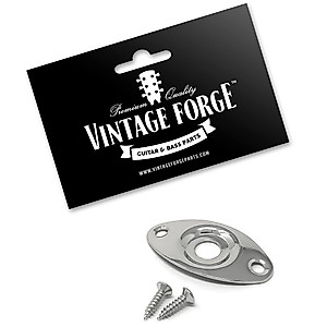 Vintage Forge Chrome Oval Jack Plate for Guitar and Bass with Screws Metal Indented Curved Football Shape JPF20-CHR