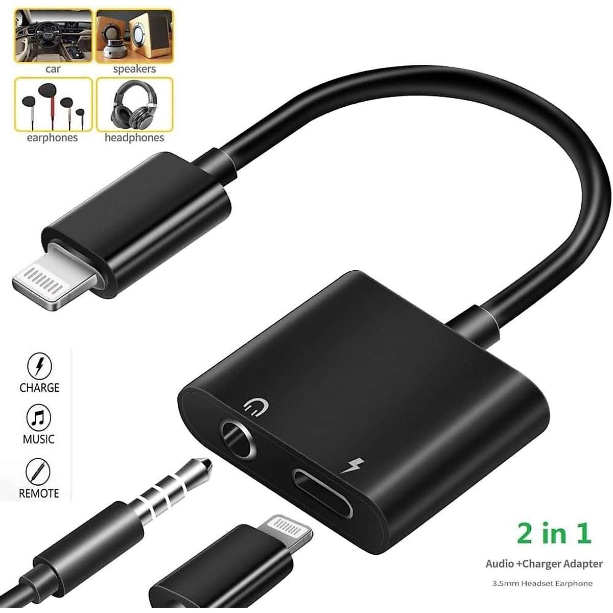 [Apple MFi Certified] 2 Pack Headphone Adapter for iPhone, 2 in 1 Lightning to 3.5mm AUX Audio + Charger Splitter Compatible with iPhone 14/13/12/11/XS/XR/iPad, Support Call+Music Control