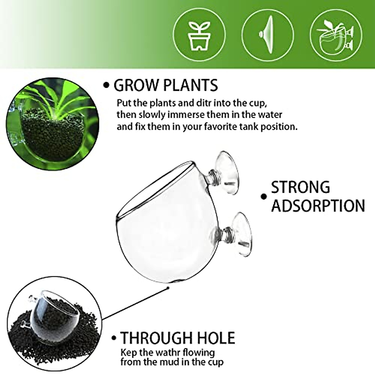 IAFVKAI 2pcs Aquarium Plant Cup Aquarium Decoration Aquatic Plant Pot with Suction Cups for Fish Tank Plant and 3-Tube Fish Shrimp Feeder Glass Breeding Tube