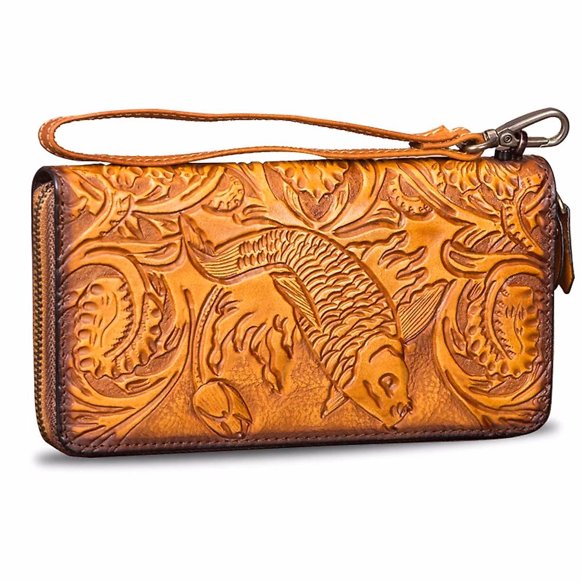 Genuine Leather Wallet Women's Zip Around Wristlet Long Purse Vintage Embossing Cowhide Capacity Handmade Clutch (Brown)