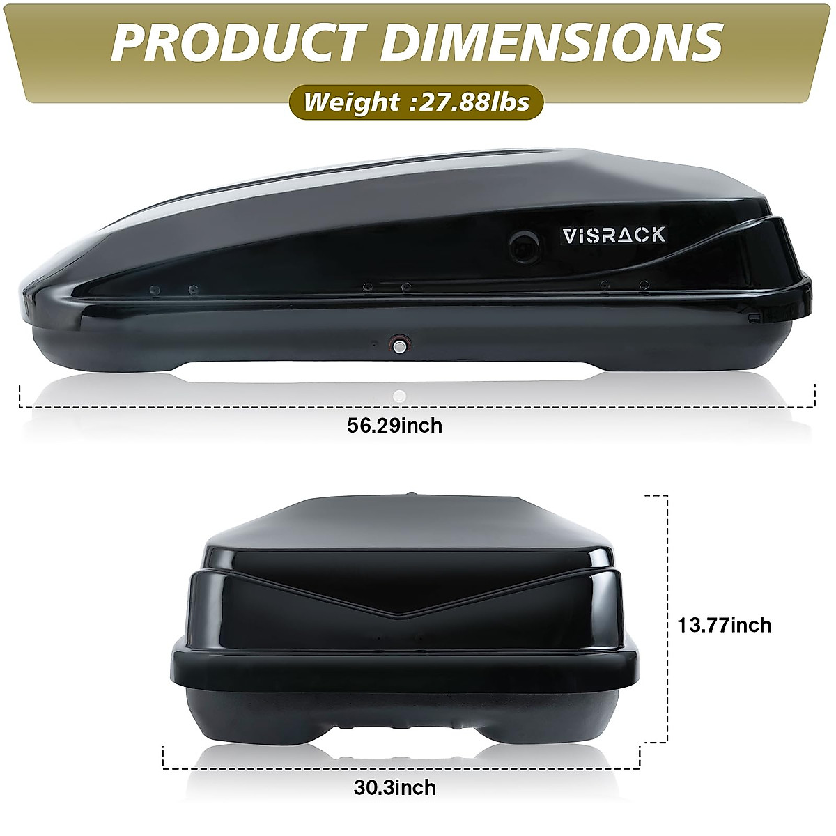 56 Inch Black Rooftop Cargo Box Carrier, Large 13 Cubic Feet Car Top Mount Travel Luggage Storage, Dual Side Opening, Heavy Duty Waterproof Rooftop Storage Box with Security Keys