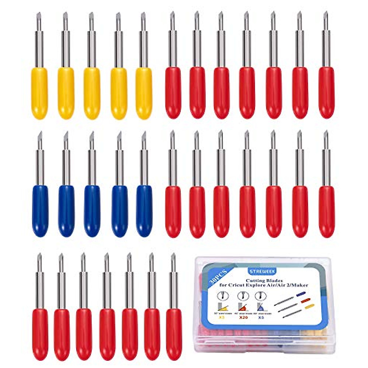 30PCS Fine Point Blades,STREWEEK Cutting Blades for Cricut Explore Air 2/Air 3/ Maker 3 Expression, Including 5PCS 30°Shallow Blades, 20PCS 45°Standard Blades and 5PCS 60°deep Cutting Blades