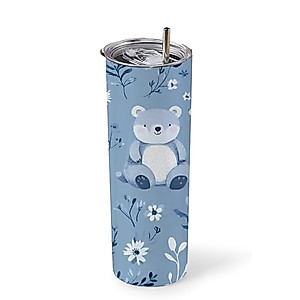Tumbler with Lid and Straw Cartoon Bear Flowers and Plants thermos coffee travel mugcute cups 20 oz insulated tumbler for Daily Holiday Decor Gift coffee cup