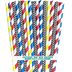 Outside the Box Papers Superhero Theme Chevron and Striped Paper Straws 7.75 Inches 100 Pack Red, Blue, Black, Yellow, White