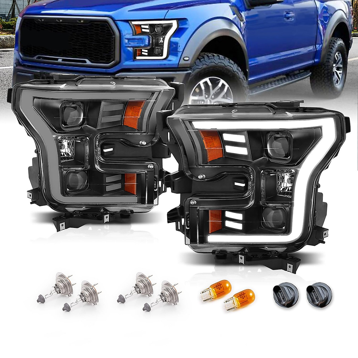 AmeriLite LED Tube Parking Light Bar Dual Quad Halogen Projector Replacement Headlights Set For 2015-2017 Ford F150 Pickup - Driver and Passenger Side, Vehicle Light Assembly, Black Multi