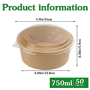 Huaiid Large Paper Bowl With Lids, 25 oz Kraft Paper Food Container, Paper Soup Bowls,Disposable Paper Salad Bowl For Chilled Pasta, Potato Salad, Fruit and More[750 ML 50 Pack]