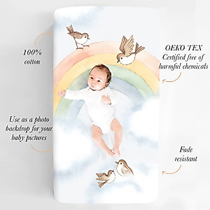 Rookie Humans 100% Cotton Sateen Fitted Crib Sheet: Rainbow and Birds. Modern Nursery, Use as a Photo Background for Your Baby Pictures. Standard Crib Size (52 x 28 inches)