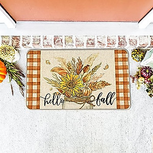 Tailus Hello Fall Sunflower Pumpkin Kitchen Rugs Set of 2, Autumn Harvest Wheat Mason Jar Kitchen Mats Decor, Buffalo Plaid Check Farmhouse Floor Door Mat Home Decorations - 17x29 and 17x47 Inch