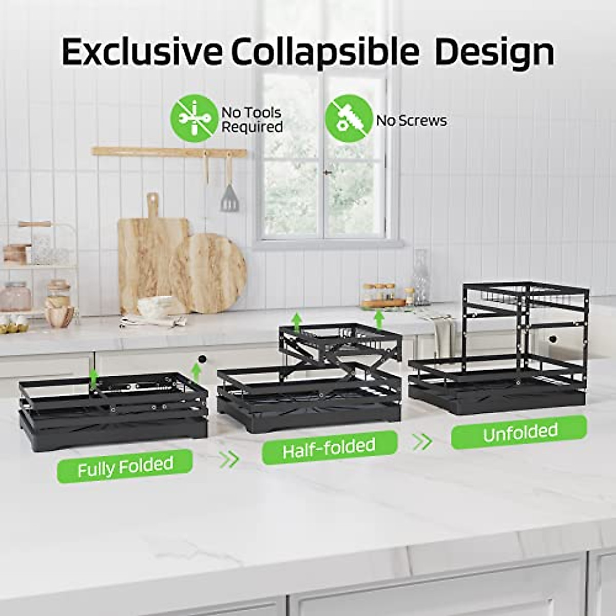 BBXTYLY Large Dish Drying Rack, 2 Tier Collapsible Dish Racks with Drainboard，Drainage, Wine Glass Holder, Utensil Holder and Extra Drying Mat, Dish Drainers for Kitchen Counter (Black)