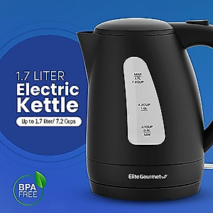 Elite Gourmet EKT8690 1.7L Electric Tea Kettle Hot Water Heater Boiler BPA-Free, Fast Boil, Water Level Window and Auto Shut-Off, Black