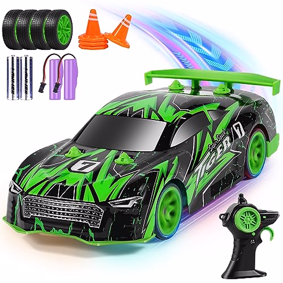 BIFYTON RC Drift Car, Remote Control Car with LED Lights Glow and Drifting Tire,14KM/H Fast High-Speed Rc Car with 2 Rechargeable Batteries, Suitable for 4-7, 8-12 Boys Girls Kids Gift