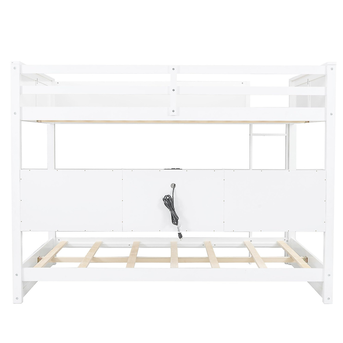 XD Designs Wood Bunk Bed Queen Over Queen Size with Built-in Storage Cabinets and USB Ports, Versatile Bunk Bed Frame with Ladder and Guardrail for Kids Teens Adult, Maximize Space (White-9.30)