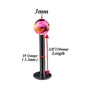 bodyjewellery 2pcs 16g 3/8 Labret Stud Lip Rings Snake Bite Monroe Tragus Forward Helix Conch Black Anodized Hand Painted 02 Ball - 10mm