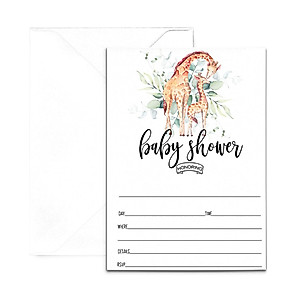Giraffe Baby Shower Invitations Gender Neutral (25 Pack) Blank Invites for Reveal Parties – Greenery Theme Boy or Girl – Handwrite Party Details on Printed Invitation with Envelope Set 5x7