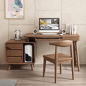 TOMYEUS Study Computer Desk Stable Wooden Desktop PC Desk with Lockers, Drawers and Keyboard Tray Modern Home Working Study Table Scalable Study Room Workstation Home Office Writing Desk