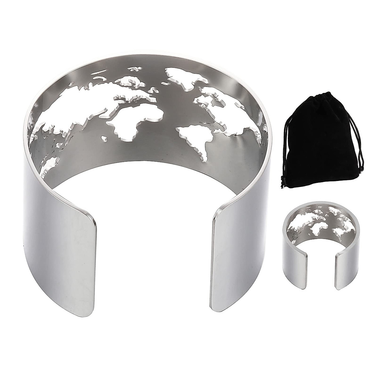 Wide Open Cuff Bangle Bracelets Finger Ring Set Gifts for Women,Stainless Steel Broad Chunky Black World Map Engraved Bangles, Stainless Steel, no gemstone