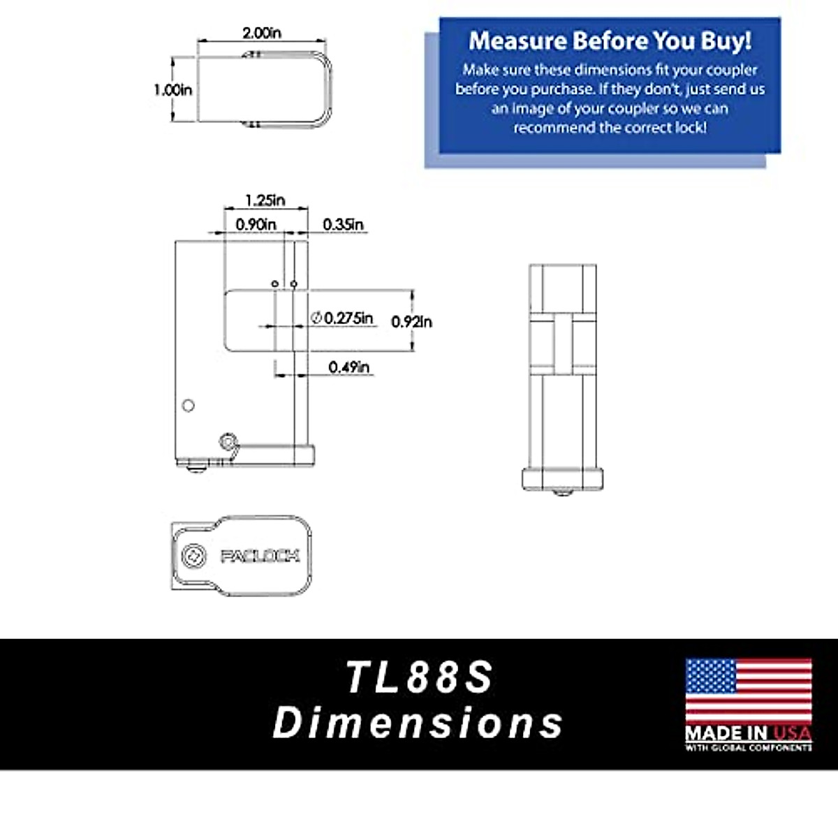 PACLOCK's TL88S Coupler Lock, Buy American Act Compliant, 304 Stainless Steel, High Security 6-Pin Cylinder, One Lock Keyed to #26547 w/ 2 Keys, Hidden Shackle