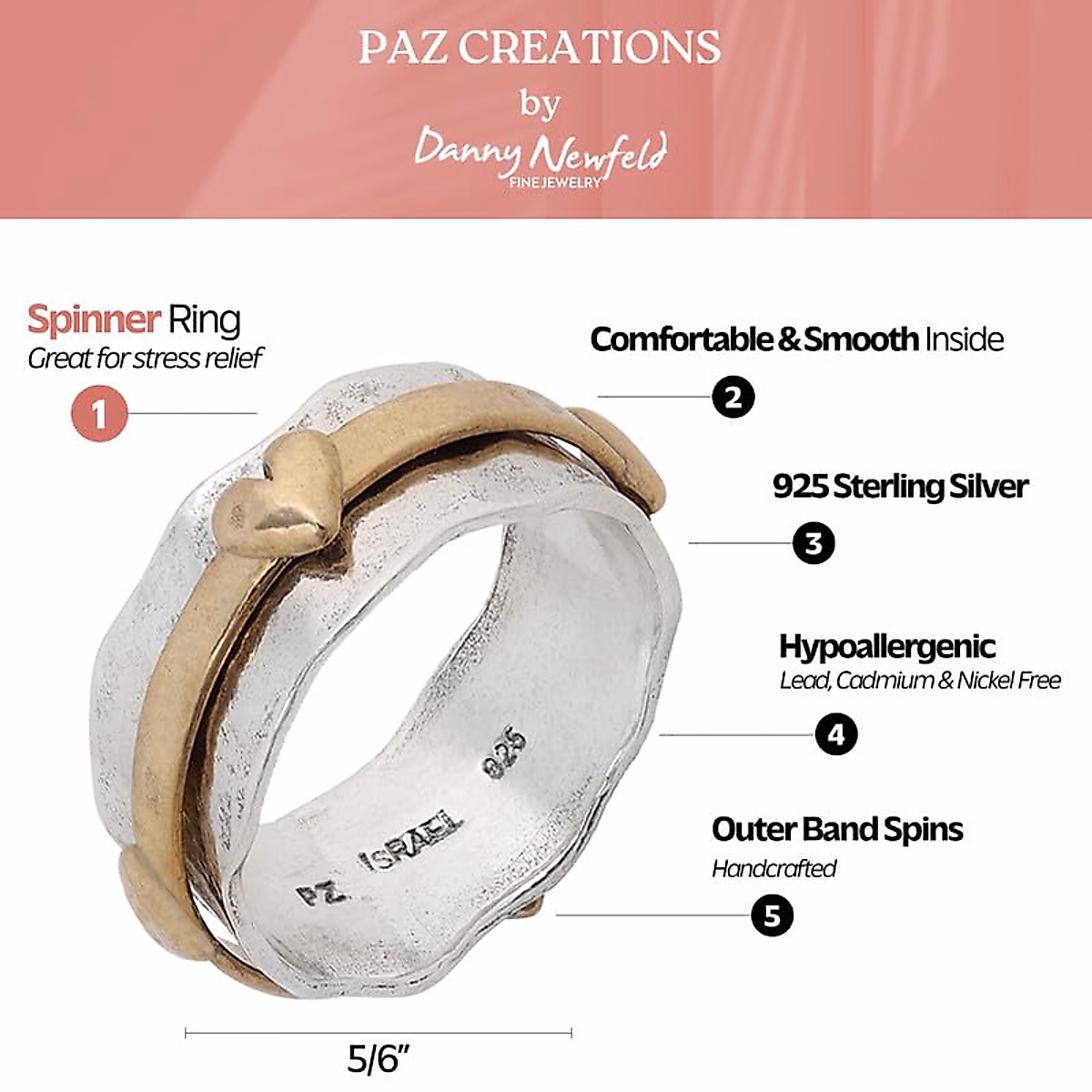 Paz Creations Women's 925 Sterling Silver Heart Spinner Ring - Boho Style Fidget Ring With Sturdy Band - Handmade Artisan Jewelry Made In Israel, Gift Ready For Her - 14K Yellow Gold - Size 8