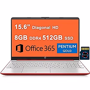 HP Notebook 15 Business Laptop I 15.6” Diagonal HD Display I Intel Pentium Gold 6405U I 8GB DDR4 512GB SSD I Intel UHD Graphics I HDMI USB-C Office365 Win10 Scarlet Red + 32GB MicroSD Card