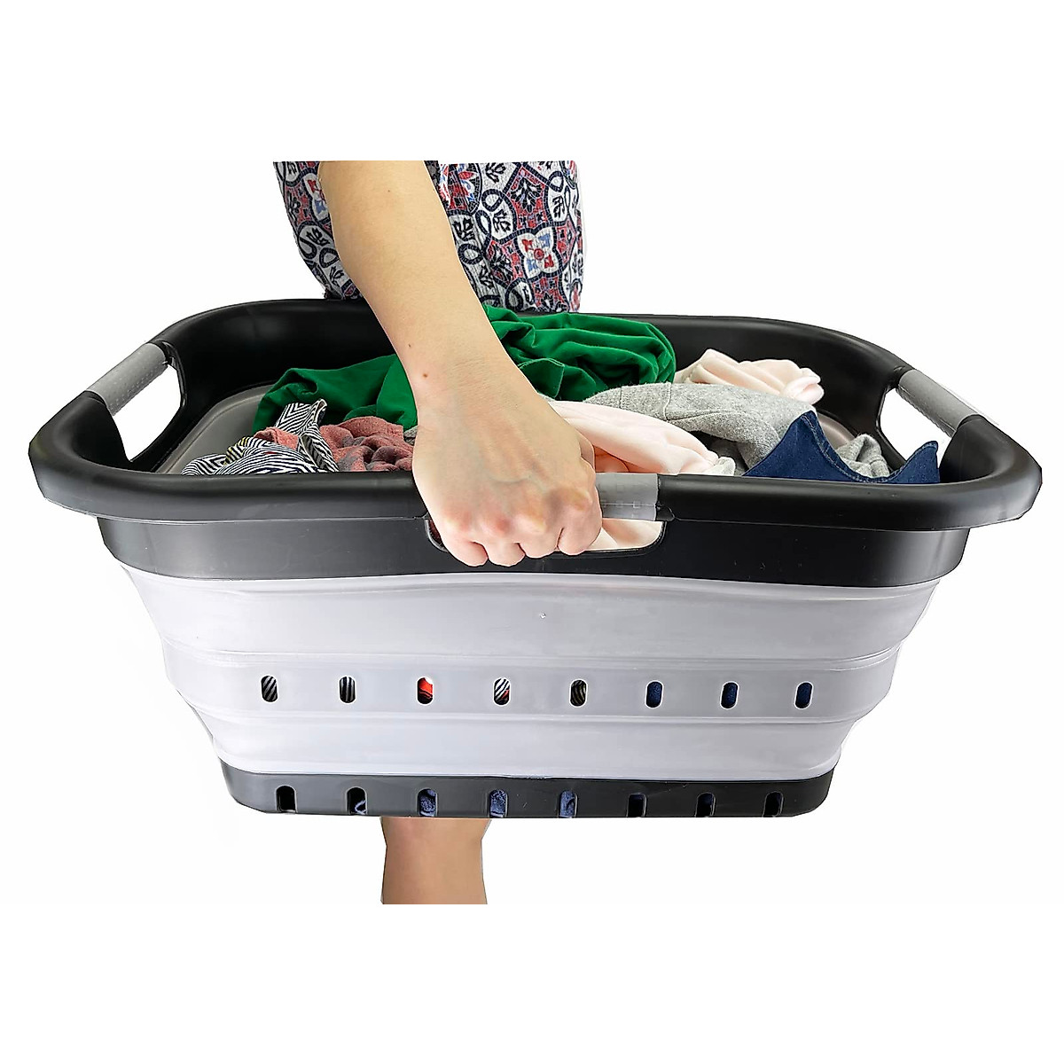 SAMMART 41L (10.8 Gallon) Collapsible Plastic Laundry Basket - Foldable Pop Up Storage Container/Organizer - Portable Washing Tub - Space Saving Hamper/Basket (Black/Alloy Grey)
