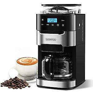 HOMOKUS 10-Cup Coffee Maker with Grinder, Touch Screen, Automatic Brew, Warming Plate, 1.5L Water Tank, Removable Filter - For Home and Office
