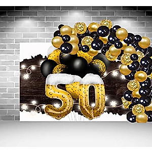 50th Birthday Backdrop for Men, Cheers and Beers to 50 Years Banner Black and Gold Foil Balloon Anniversary Birthday Party Decorations Supplies W-7138