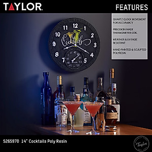 Taylor Cocktail Poly Resin Indoor and Outdoor Clock and Thermometer, 14 Inch, Multi-Color