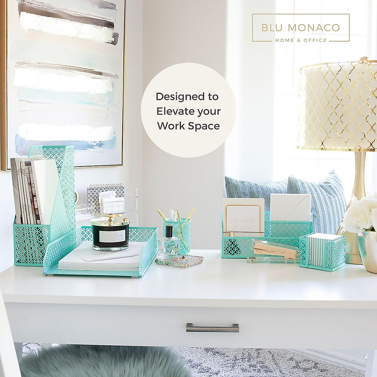 BLU MONACO Aqua - Teal 6 Piece Cute Desk Organizer Set - Desk Organizers and Accessories for Women - Cute Office Desk Accessories - Desktop Organization