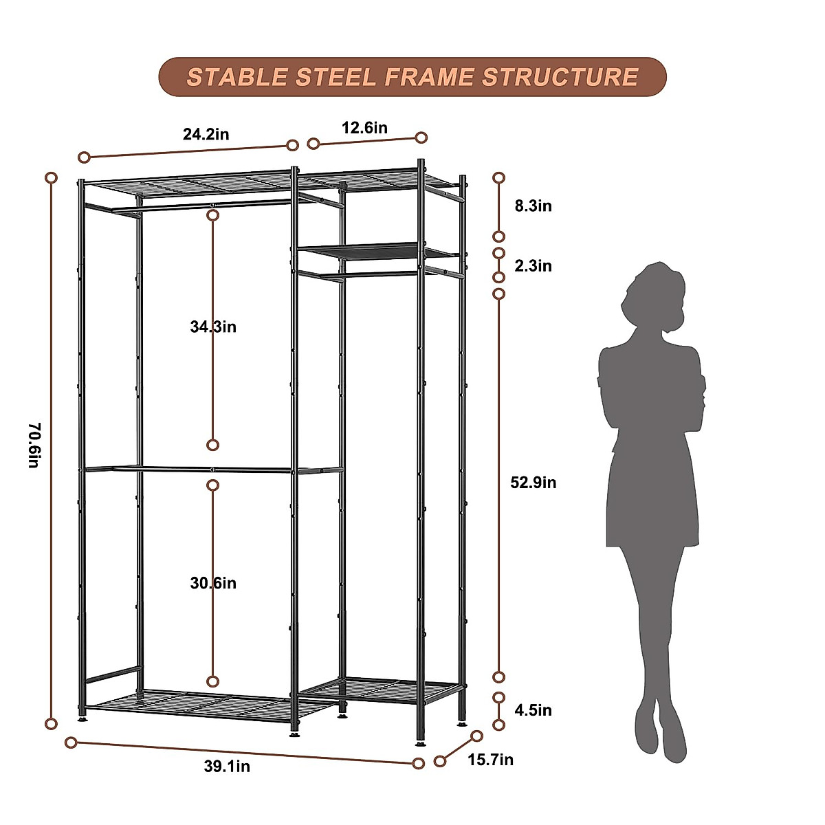 Portable Closets for Hanging Clothes, Freestanding Clothing Rack with 3 Hang Rods & 5 Shelves, Metal Wardrobe Garment Rack for Bedrooms Entrances