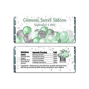 Glitter Balloons Personalized Candy Bar Wrappers for Chocolate, Birthday Party Favors, Hershey Bar Labels, Pack of 20, Assorted Colors (Green)