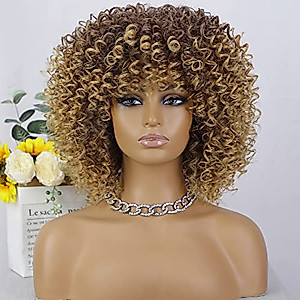 AISI QUEENS Afro Wigs For Black Women Short Kinky Curly Brown Mixed Blonde Synthetic Wig with Bangs Heat Resistant Wigs With Wig Cap