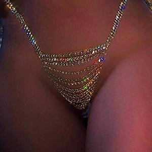 Sexy Rhinstone Underwear Thong Panties Crystal Body Chain Jewelry Bikini Crystal Belly Waist Body Chain For Women (Gold)
