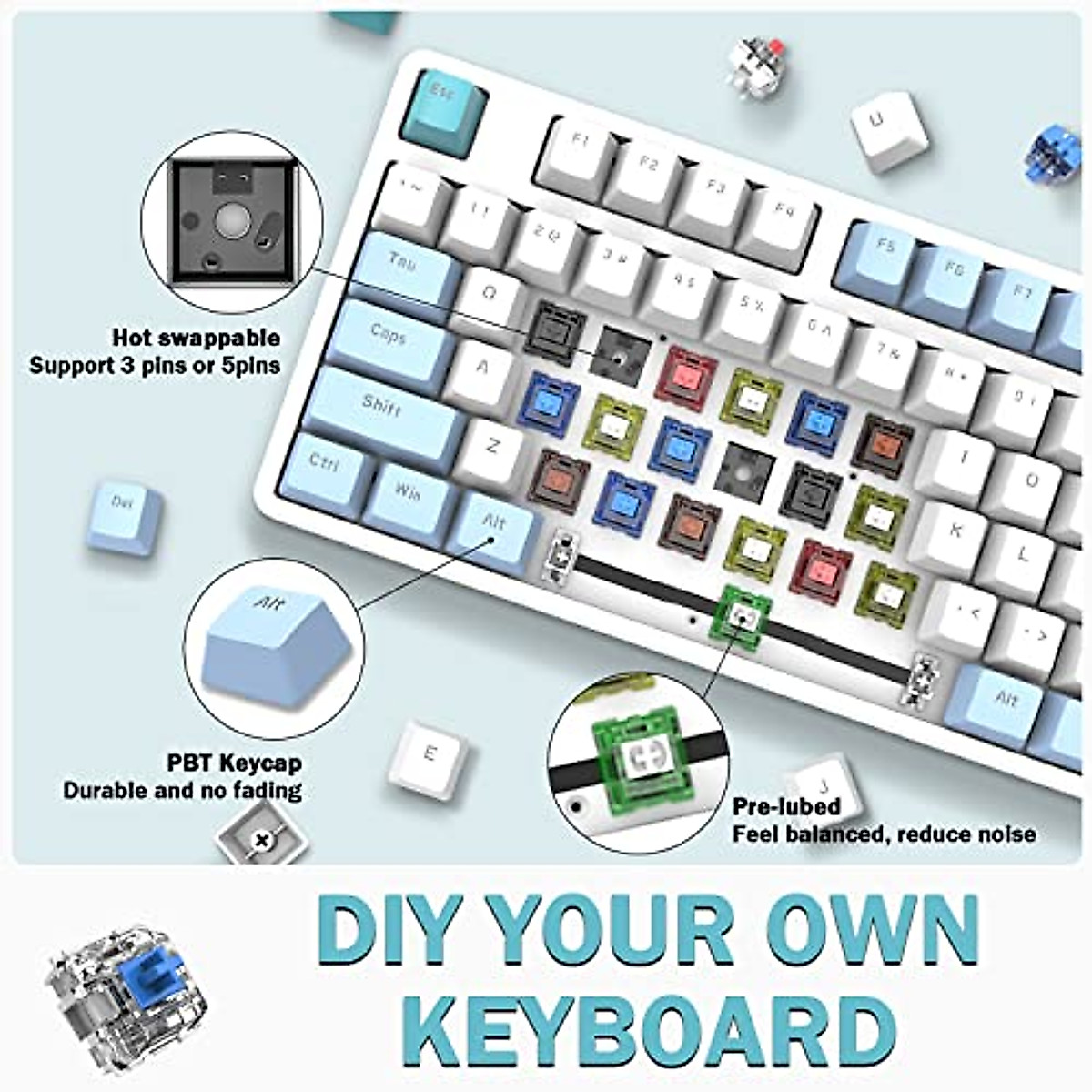 A.JAZZ AK873 Wired 87 Key TKL Retro Color Mechanical Gaming Keyboard with Rainbow Backlit Hot-swap Tactile Blue Switch NKRO Gasket Ergonomic Custom Coiled Aviator C to A Cable for Win/Mac(Blue White)