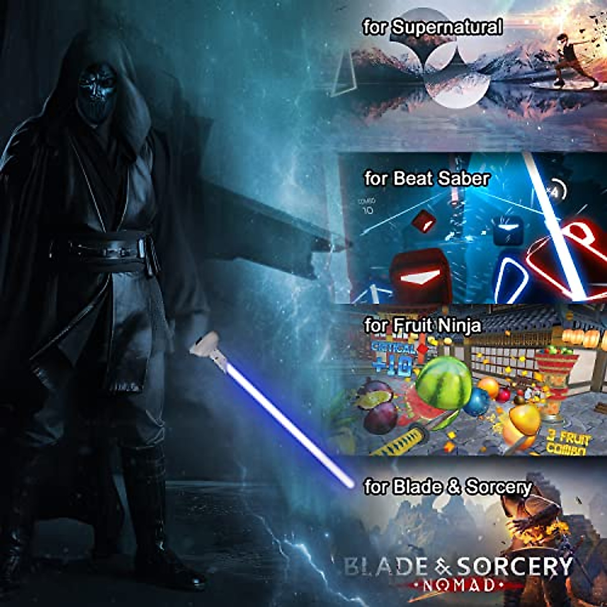 Relohas Extension Grips Accessories for Oculus Quest 2, VR Game Accessories for Meta Quest 2, RGB Lightsaber for Beat Saber, Suitable for Supernatural, Blade & Sorcery, Fruit Ninja